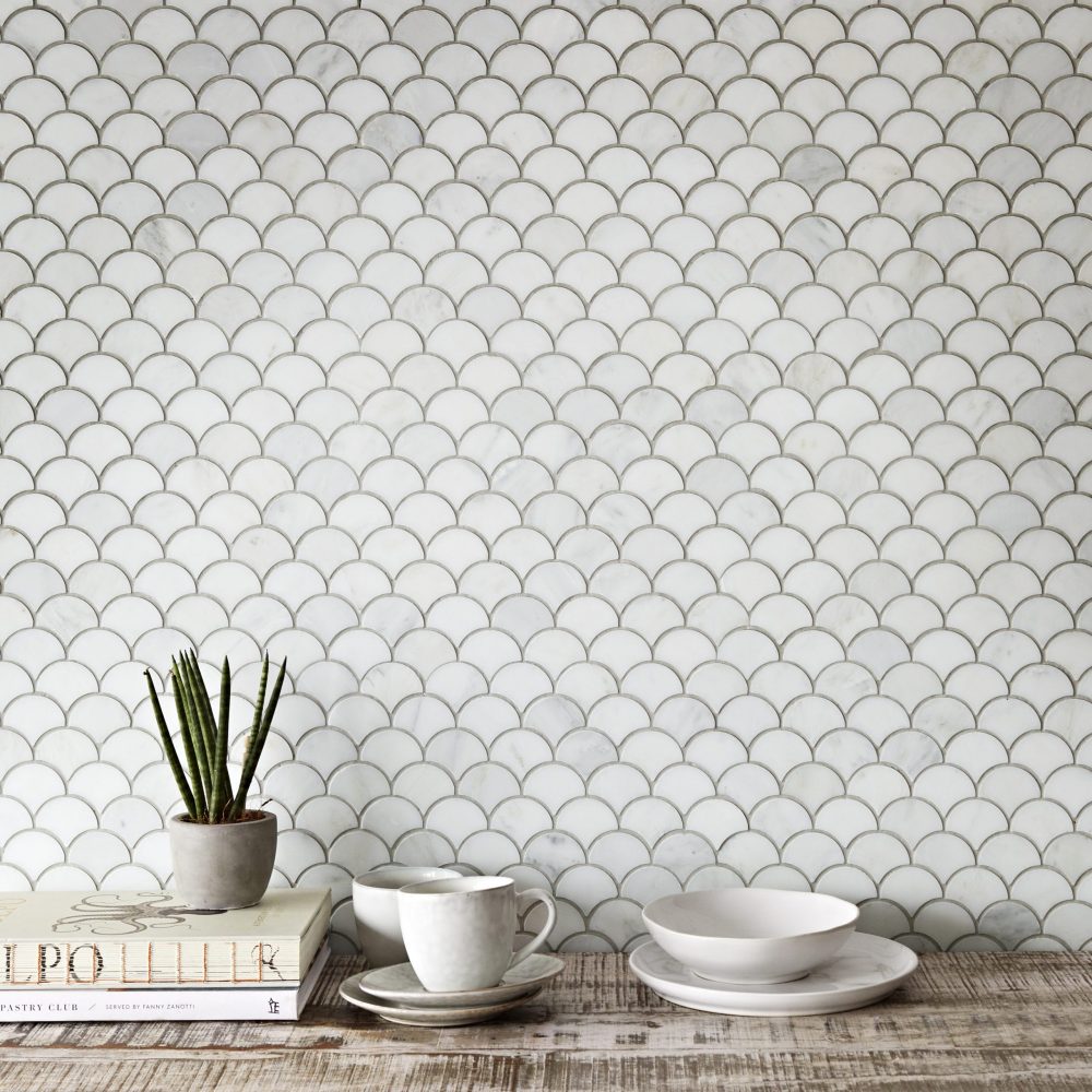 Little Tile Company | Plaka White Marble Fan Mosaic | Marble Tiles ...